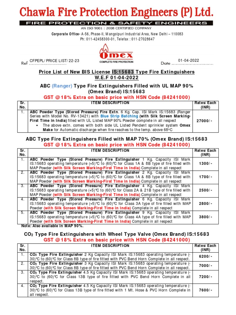 Omex Brand Fire Extinguisher Price List: ABC, CO2, DCP Models for 2022 ...