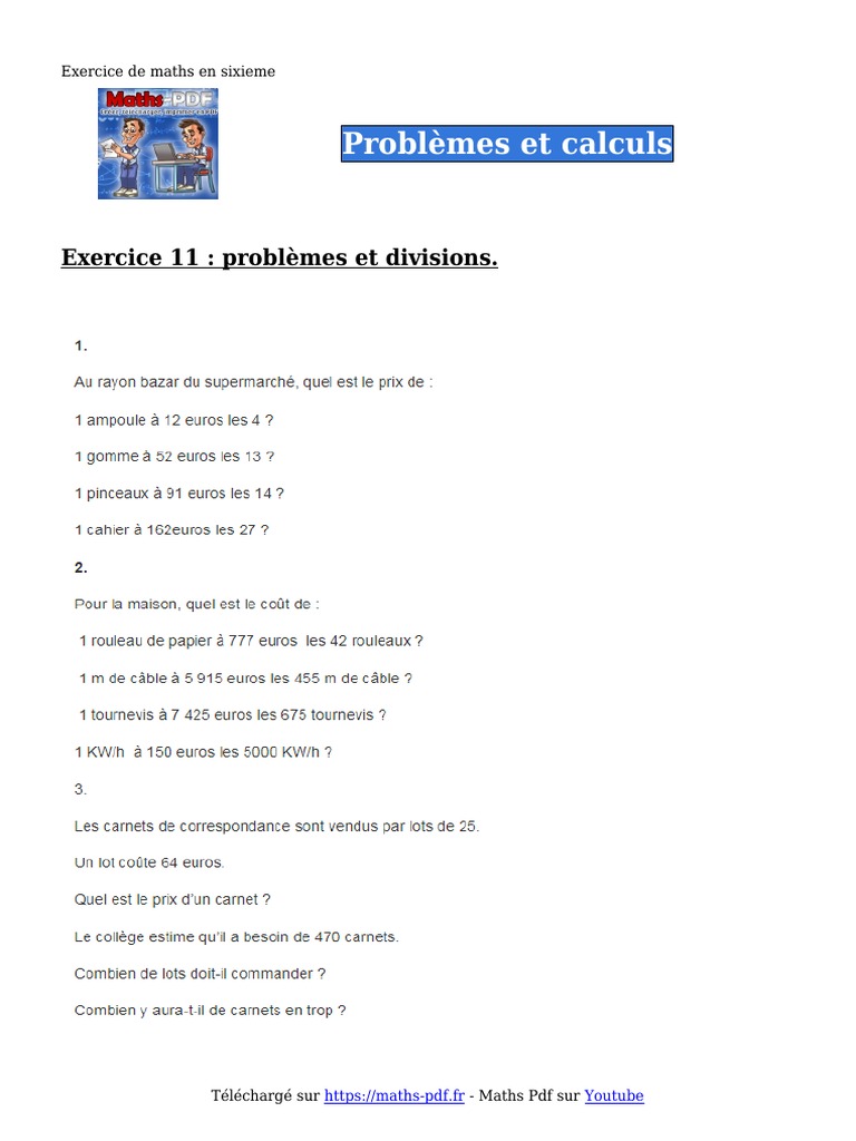 Problèmes Et Calculs - Exercice 11 de Maths en PDF en Sixieme À ...