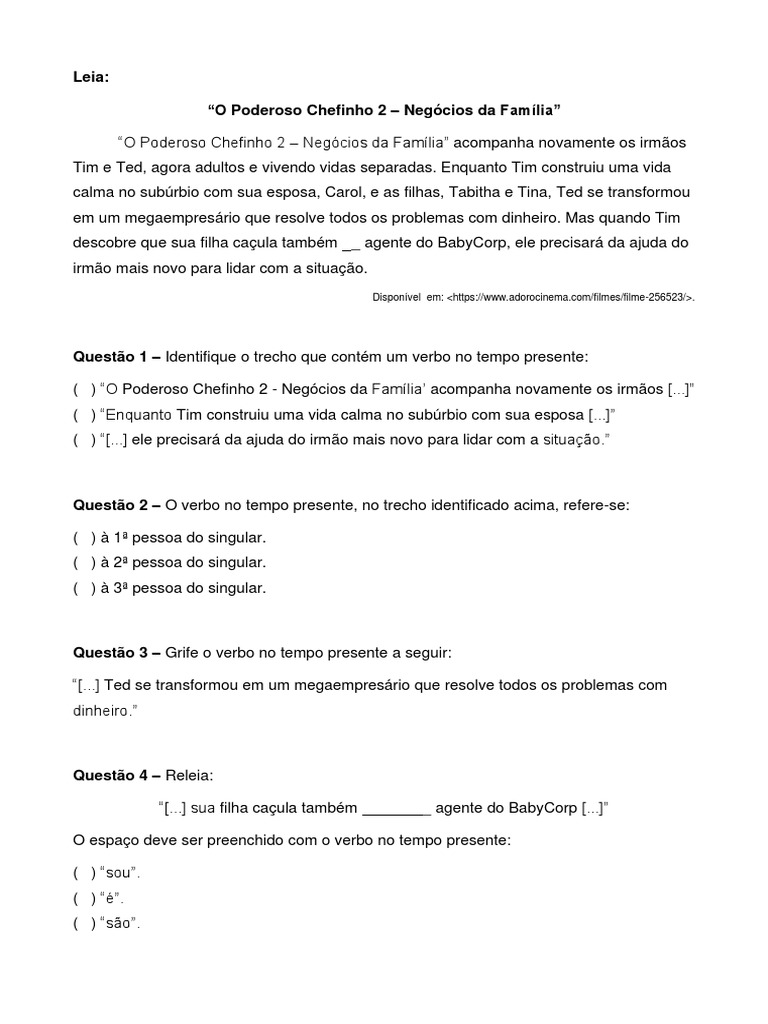 Atividade de Portugues Verbos No Tempo Presente 6o Ano PDF | PDF