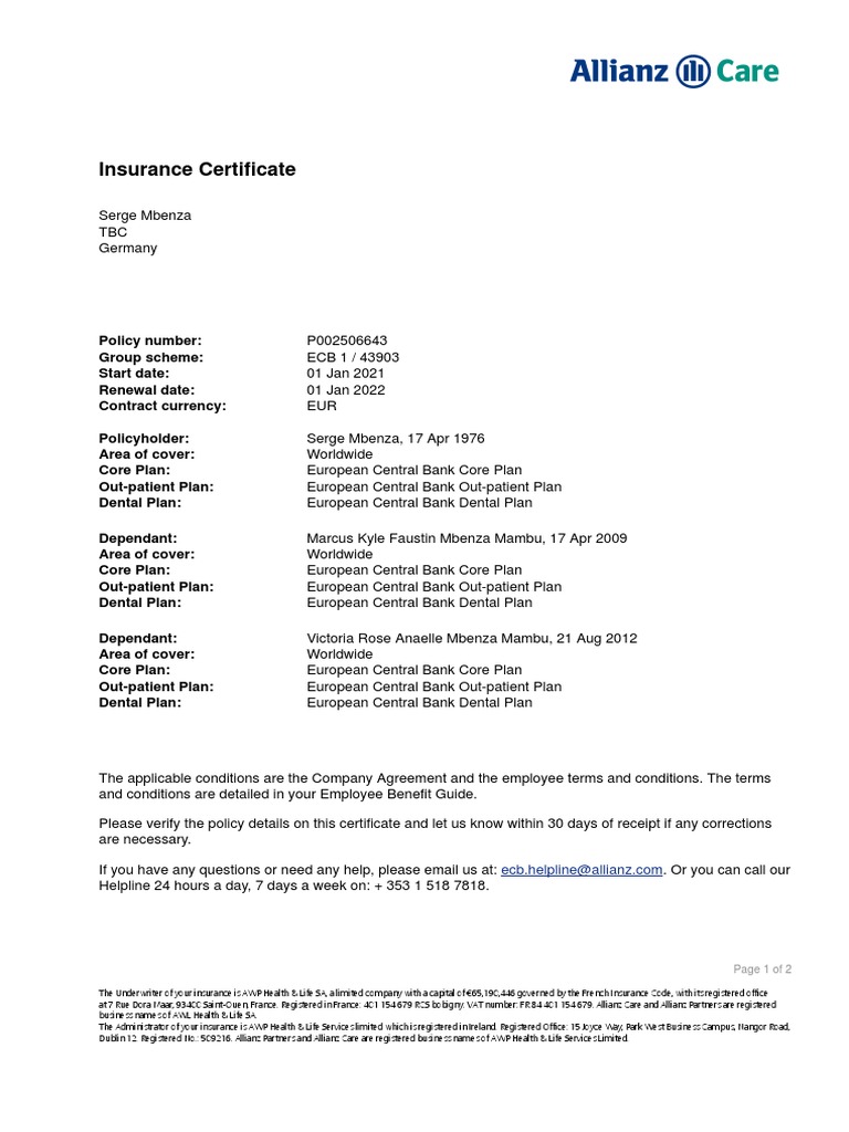 Insurance Certificate | PDF | European Central Bank | Insurance