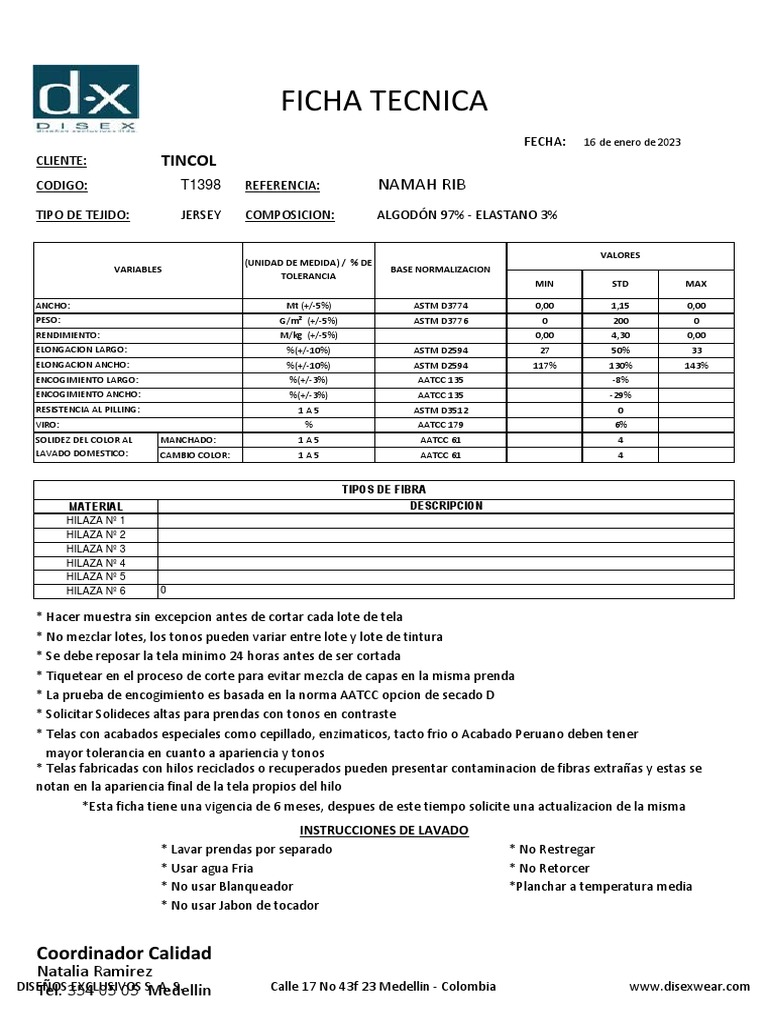 Ficha Tecnica Namah Rib | PDF | Textiles | Sector secundario de la economía