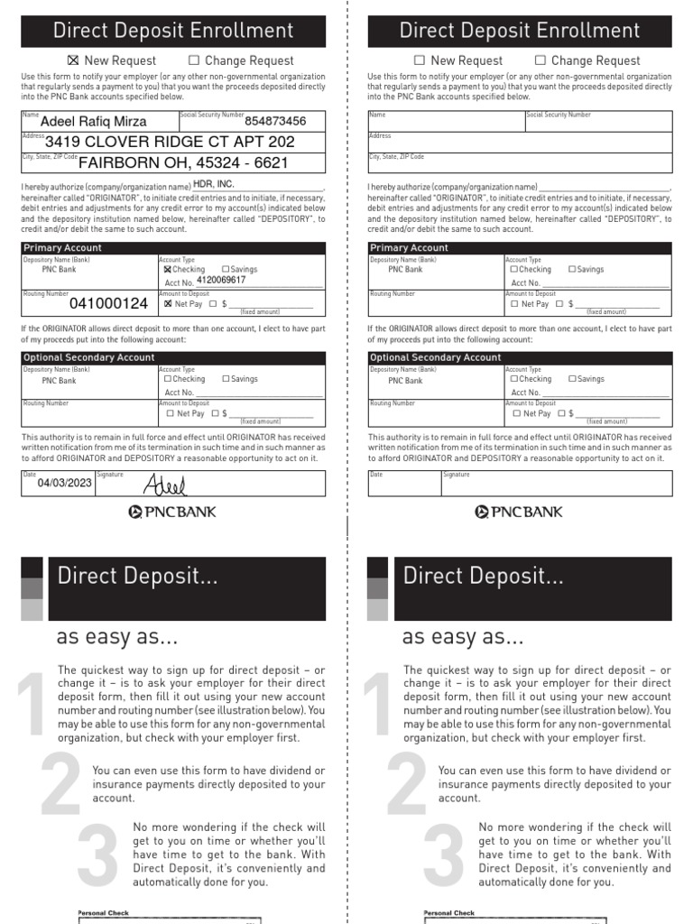 PNC Direct Deposit Enrollment Form | PDF | Deposit Account | Banks