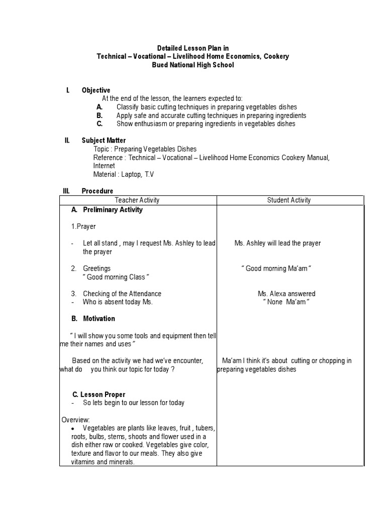 Detailed Lesson Plan in Cookery 12 2 4 | PDF | Vegetables | Crops