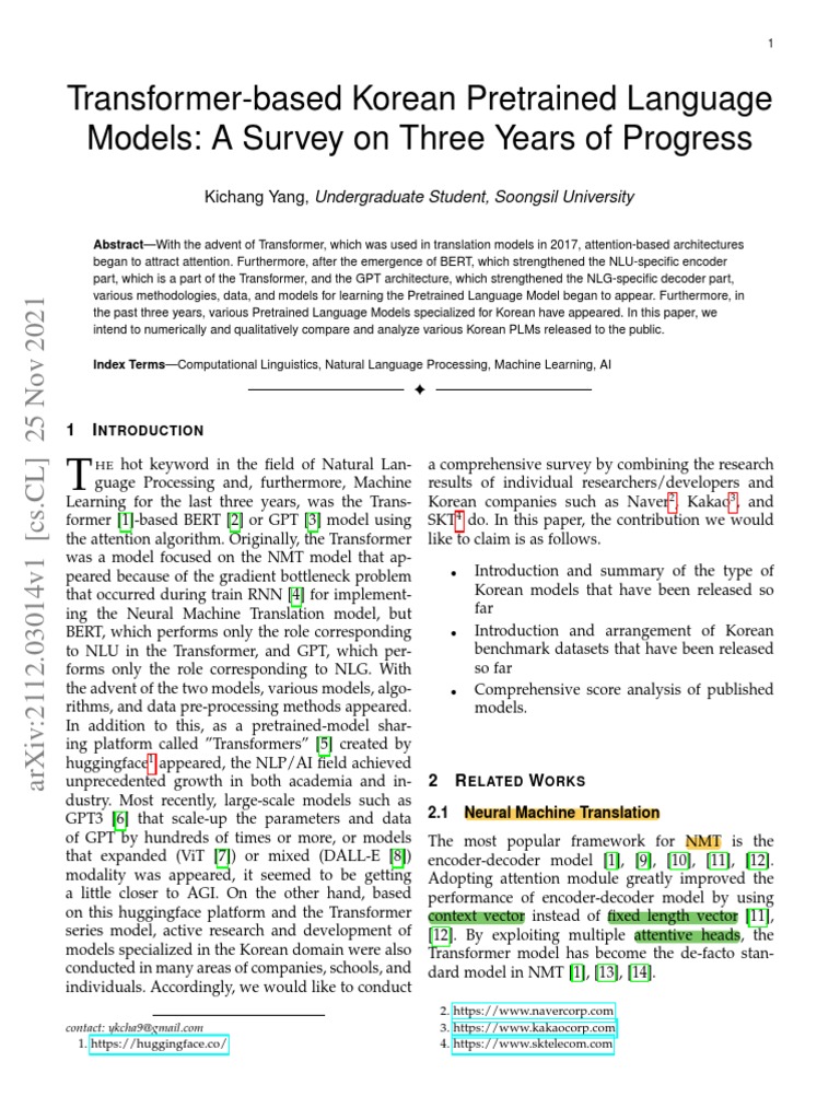 Transformer-Based Korean Pretrained Language Models - NLP - Ai | PDF | Learning | Machine Learning