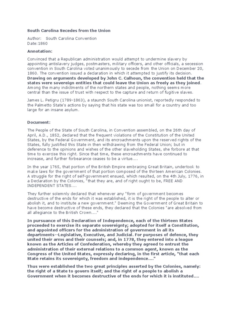 South Carolina's 1860 Secession Explained | PDF | Secession In The ...