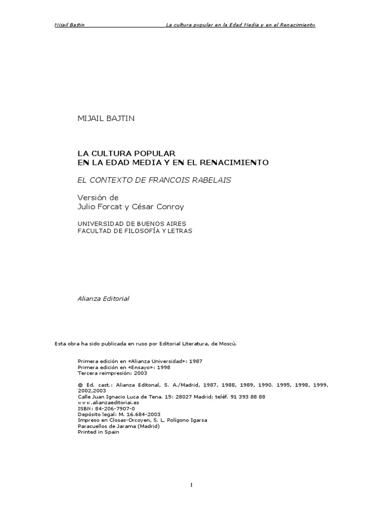 Mijail Bajtin: La Cultura Popular en La Edad Media Y en El Renacimiento | PDF | La risa | Edades ...