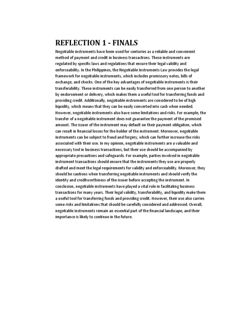 Reflection 1 - Finals | PDF | Negotiable Instrument | Economies