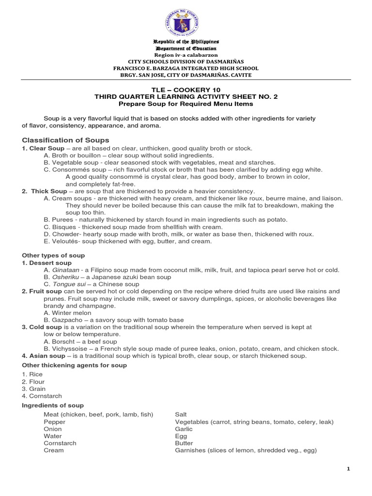 TLE - Cookery 10 Third Quarter Learning Activity Sheet No. 2 Prepare Soup For Required Menu ...