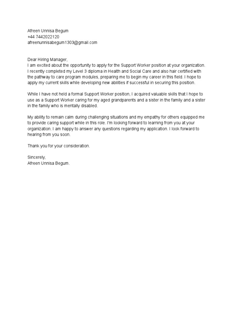 Cover Letter-Support Worker: Care Assistant | PDF
