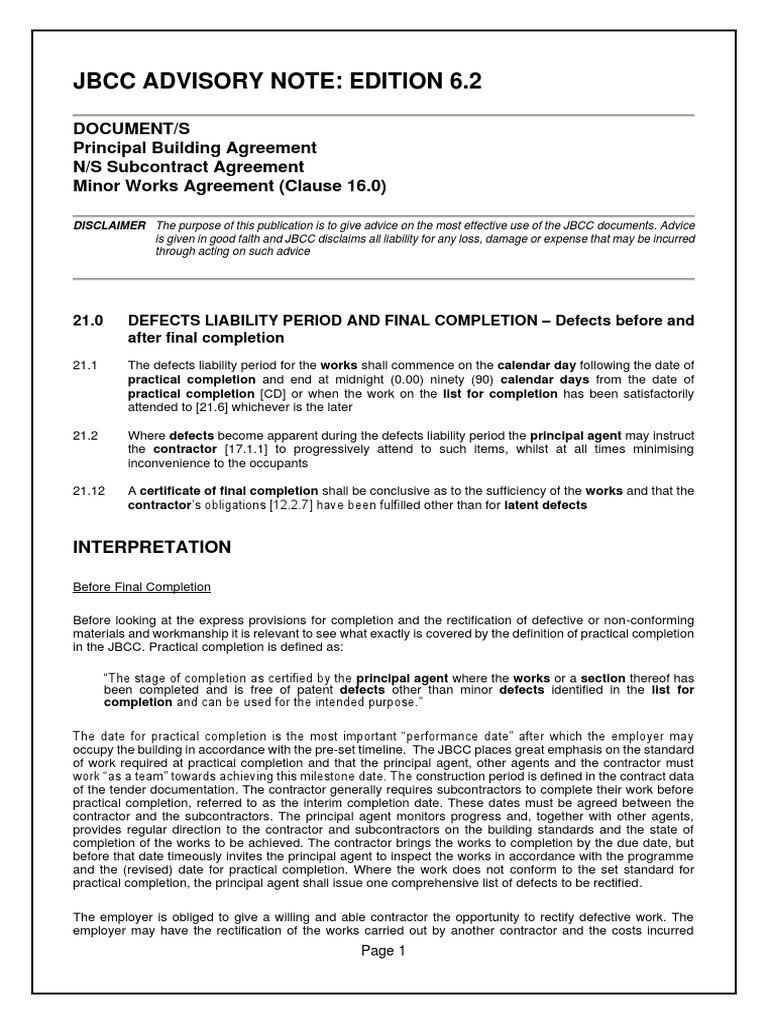 JBCC ADVISORY NOTE 21.0 - Defects Before and After Final Completion Ed 6.2 | PDF | Liability ...