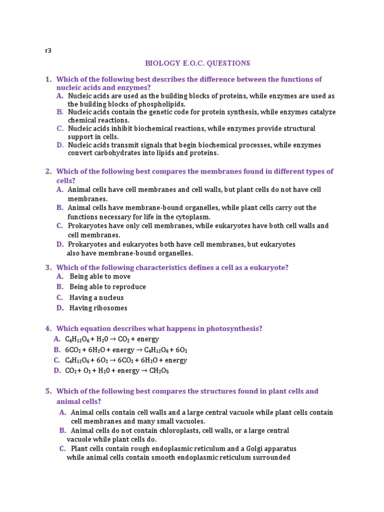 Biology E.O.C. Practice Questions | PDF | Cell (Biology) | Cellular ...