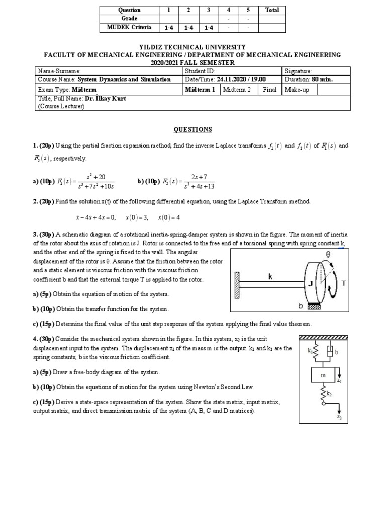 Sistem Dinamiği Vize Ytü | PDF | Torque | Matrix (Mathematics)
