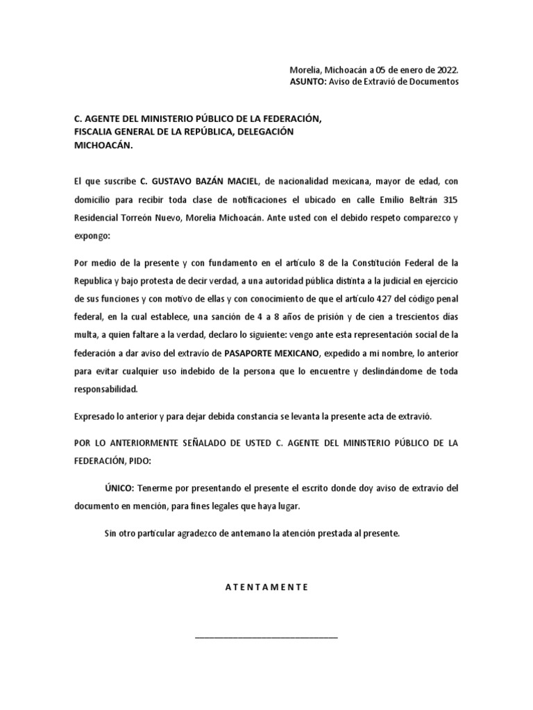 Escrito FGE Extravio de Documentos | PDF