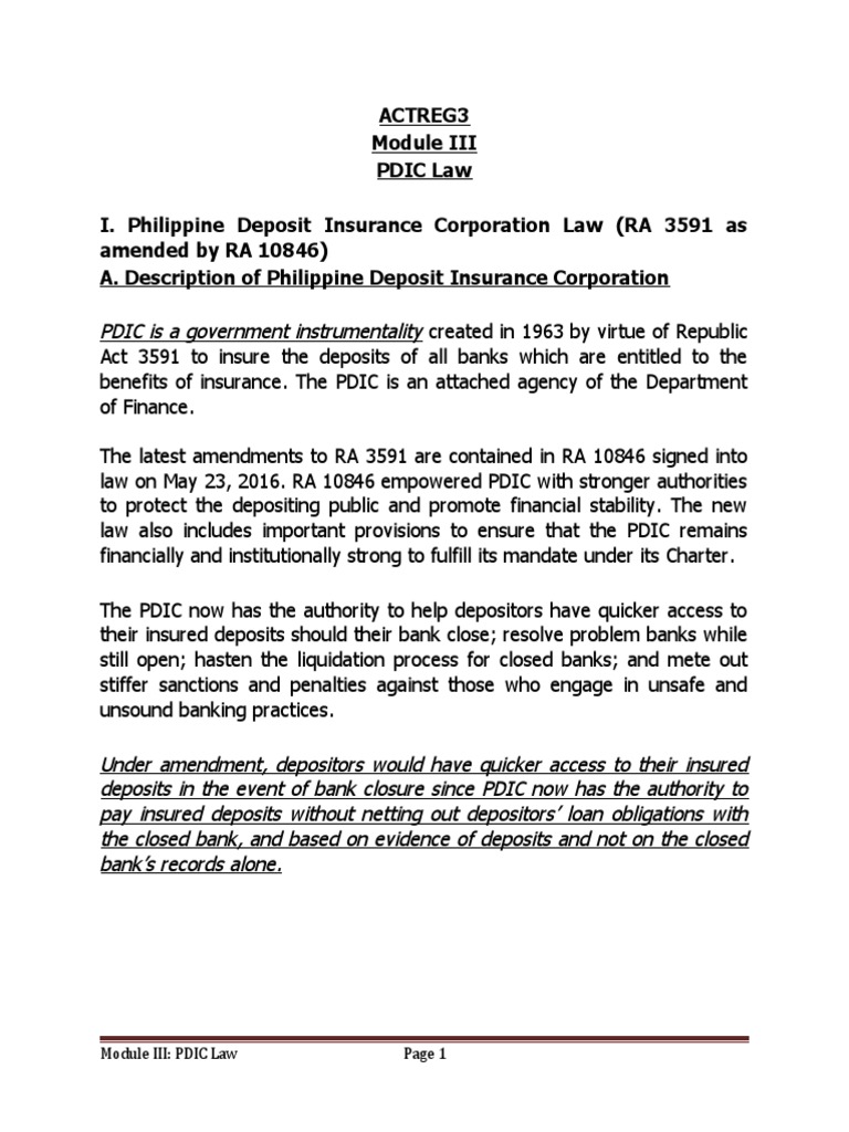 Module III PDIC Law | PDF | Deposit Account | Banks