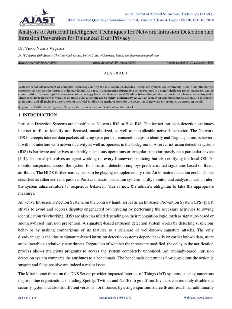 Analysis Of Artificial Intelligence Techniques For Network Intrusion Detection And Intrusion