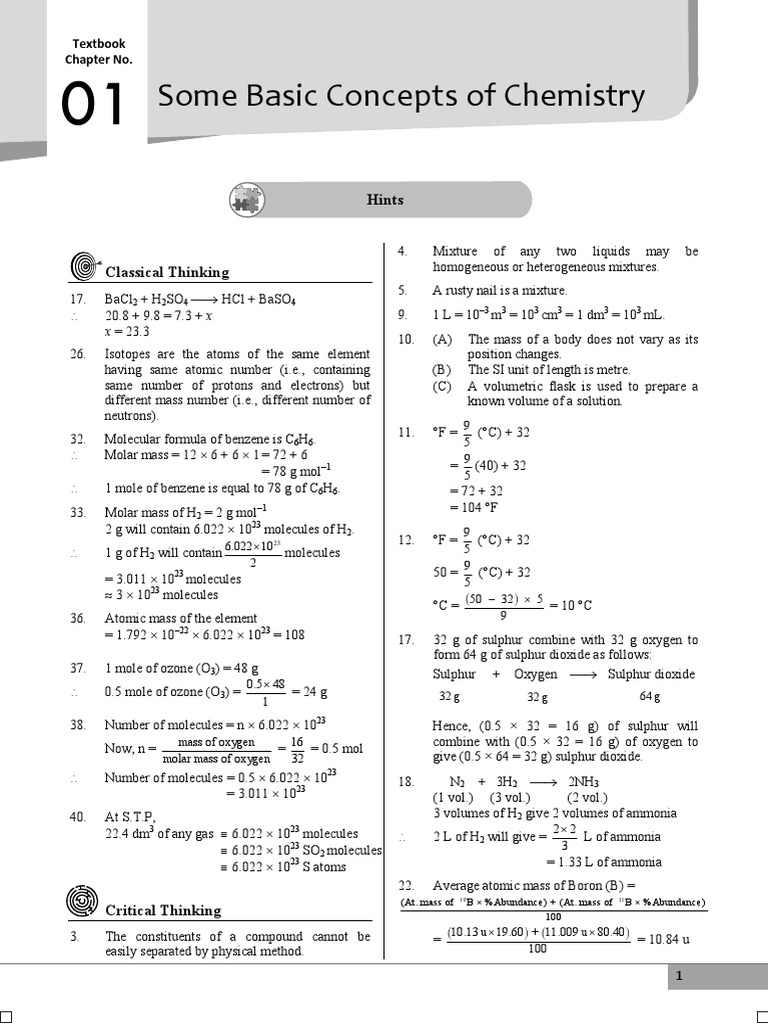 Some Basic Concepts of Chemistry: Hints | PDF | Mole (Unit) | Atomic ...