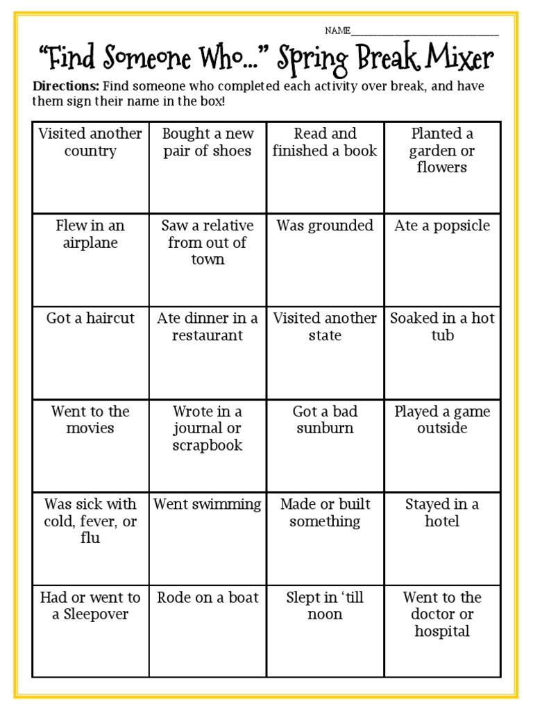 Spring Break "Find Someone Who" Game | PDF