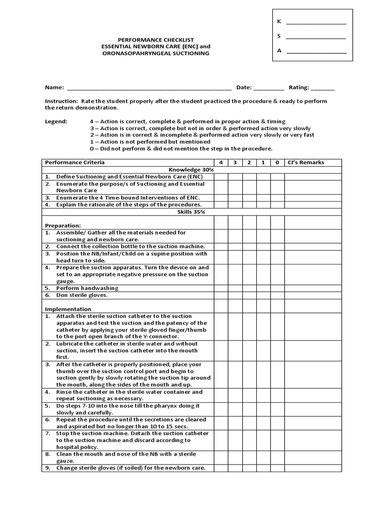 Newborn Suctioning Procedure Checklist | PDF | Clinical Medicine ...