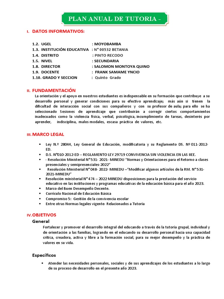 Plan de Tutoria 5to 2023 | PDF | Plan de estudios | Las emociones