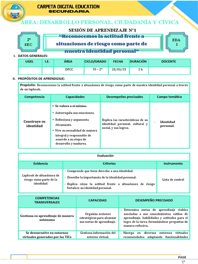 2° Sesión de Aprendizaje Sesión1-Sem.1-Exp.1 - DPCC | PDF | Aprendizaje | Evaluación