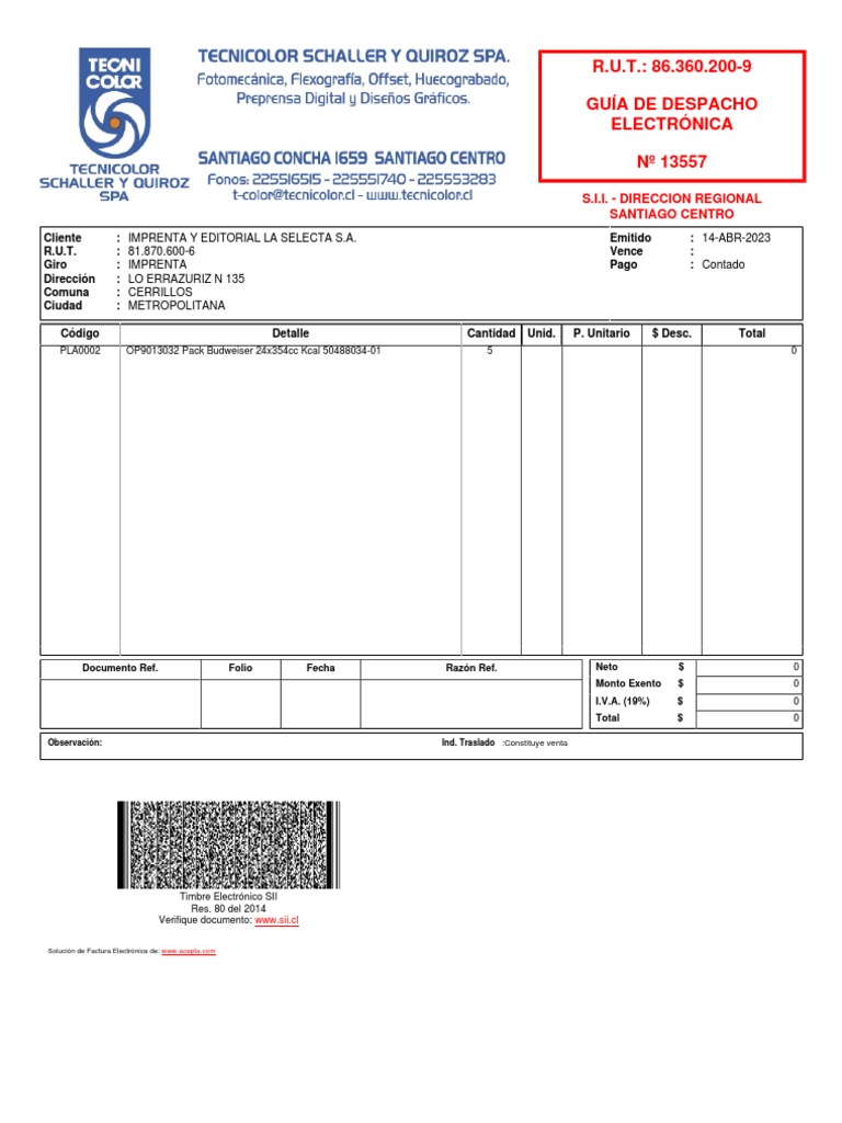 R.U.T.: 86.360.200-9 Guía de Despacho Electrónica #13557 | PDF ...