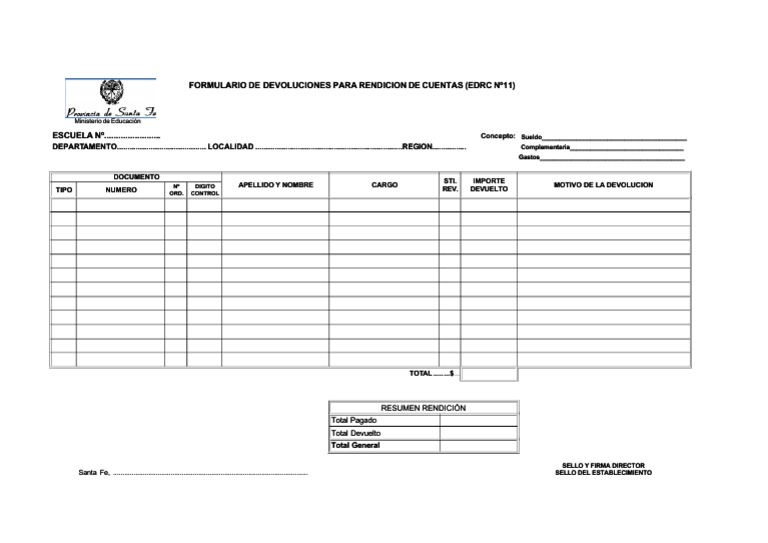 Formulario de Formulario de Devoluciones para Rendicion de Cuentas (Edrc Nº11) Devoluciones para ...