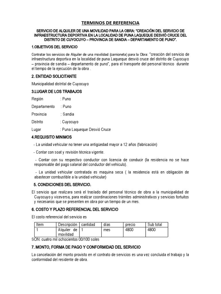 TERMINOS DE REFERENCIA SERVICIO DE TARRAJEO JC | PDF