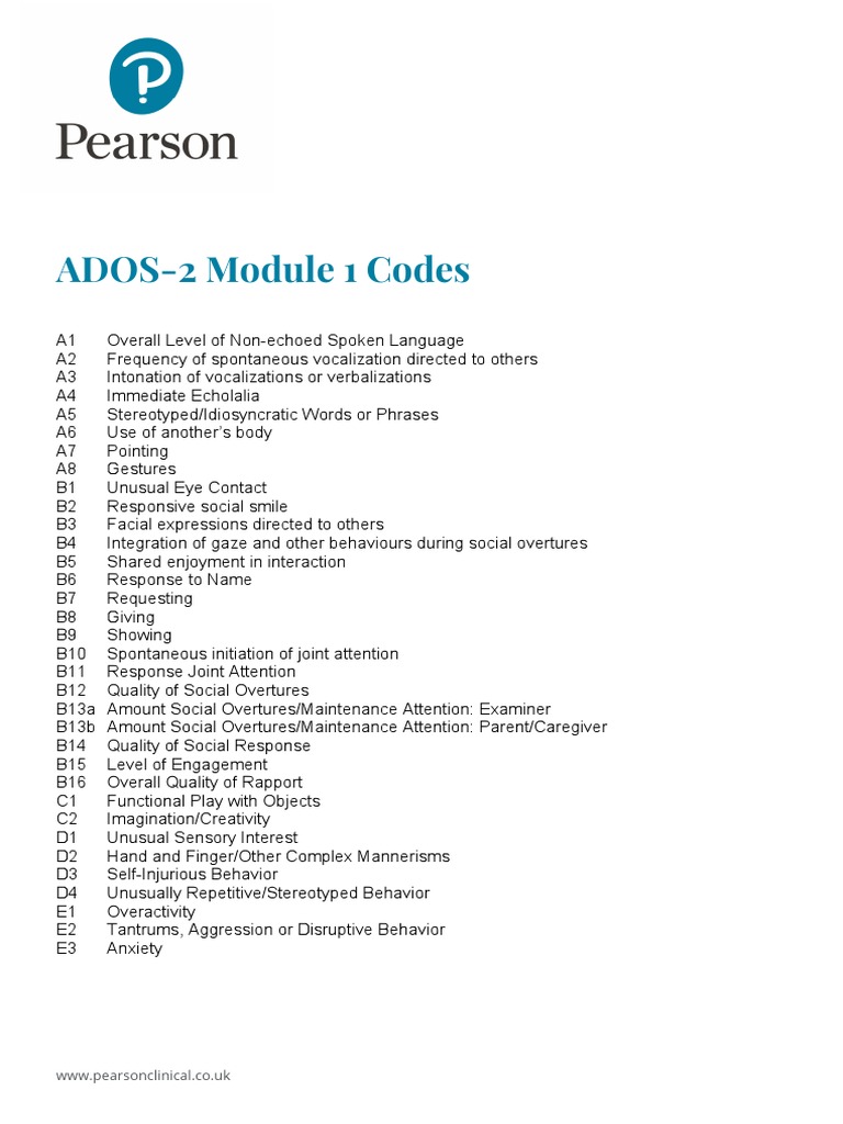 ADOS-2 Module 1 Codes: WWW - Pearsonclinical.co - Uk | PDF