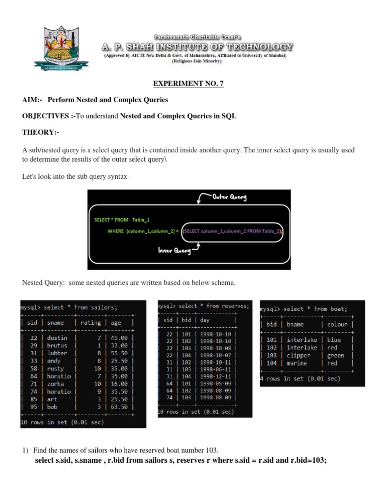 Experiment No. 7 AIM:-Perform Nested and Complex Queries OBJECTIVES:-To Understand Nested and ...