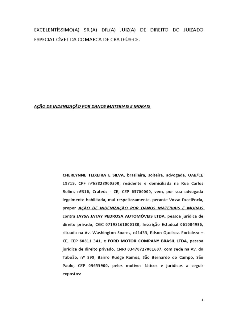 01 Ação De Indenização Veículo Ford Pdf Indenização Proteção