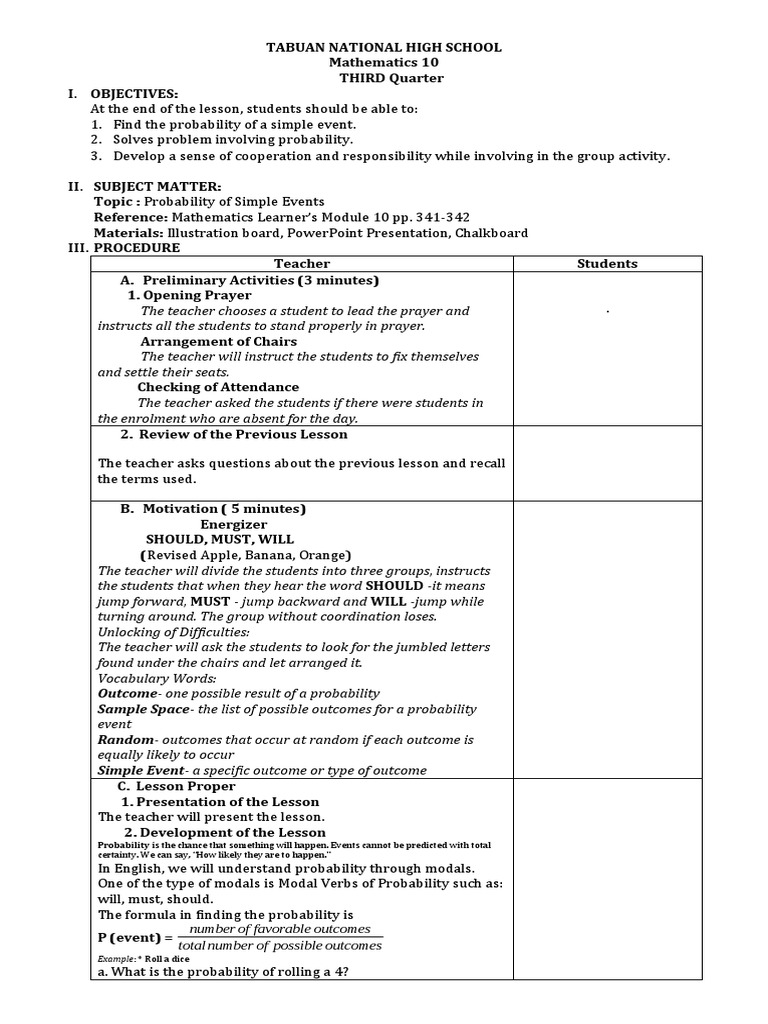 LP Math 10 Probability 1st Demo | PDF | Probability | Teachers