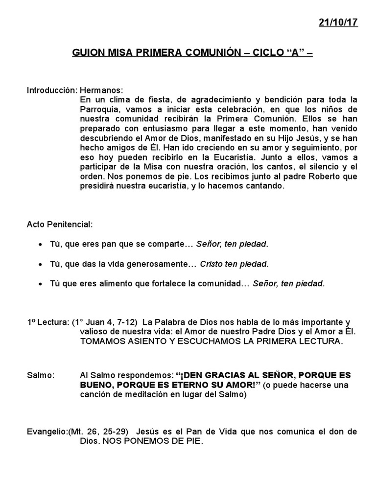 Guiones de Misa Primera Comunión Ciclo A 2017 | PDF | eucaristía ...