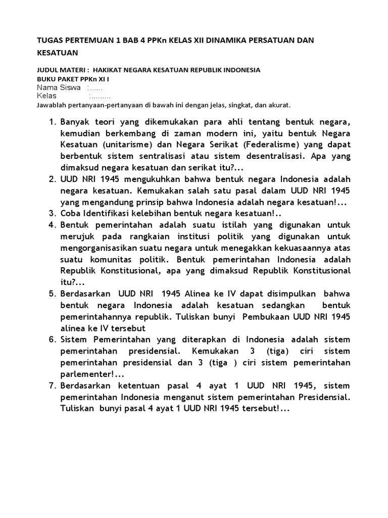 TUGAS PERTEMUAN 1 BAB 4 PPKN KELAS XII DINAMIKA PERSATUAN DAN KESATUAN | PDF | Ilmu Sosial