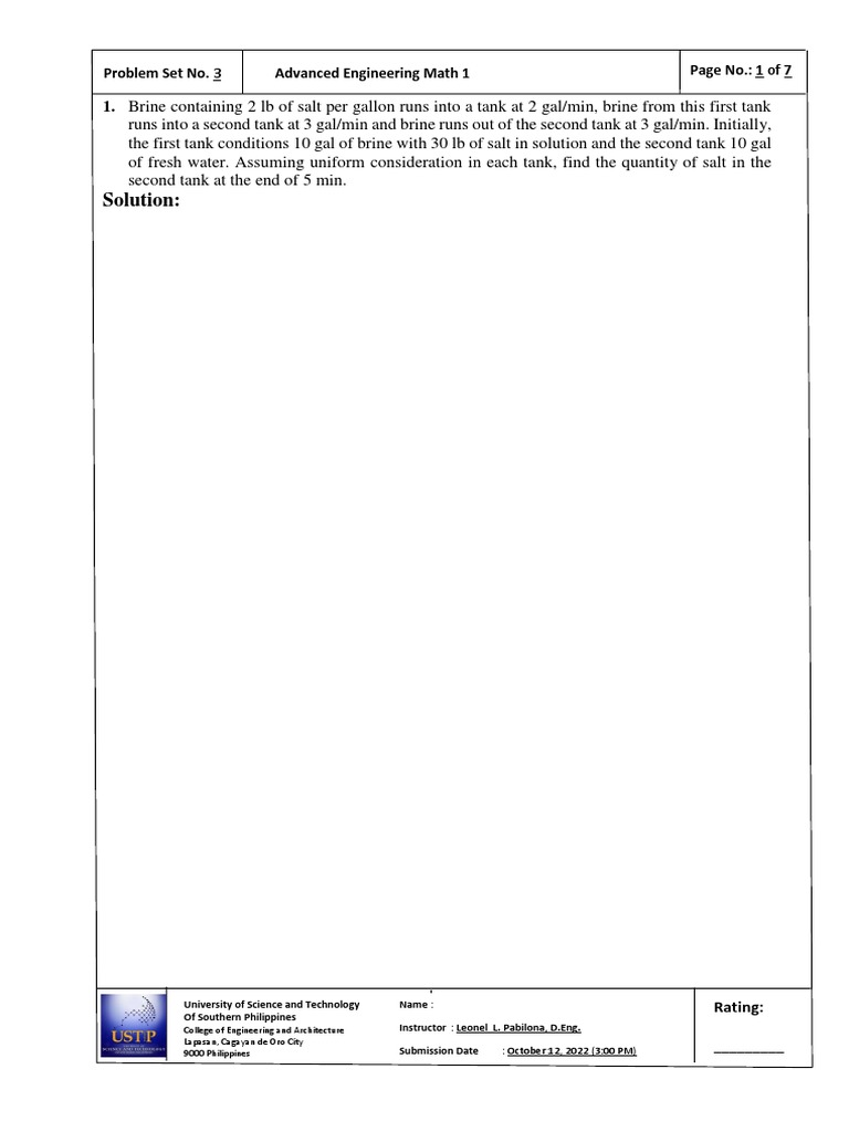 Solutions to Advanced Engineering Math Problem Set No. 3 on Uniform Concentration, Temperature ...