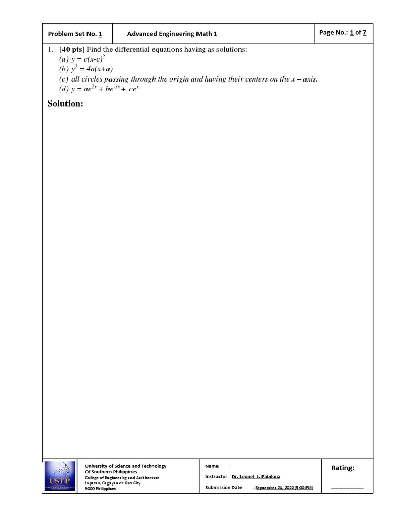 Prob Set No.1 (Advanced Engg Math 1 MEP 504) 2022 | PDF | Mathematical ...