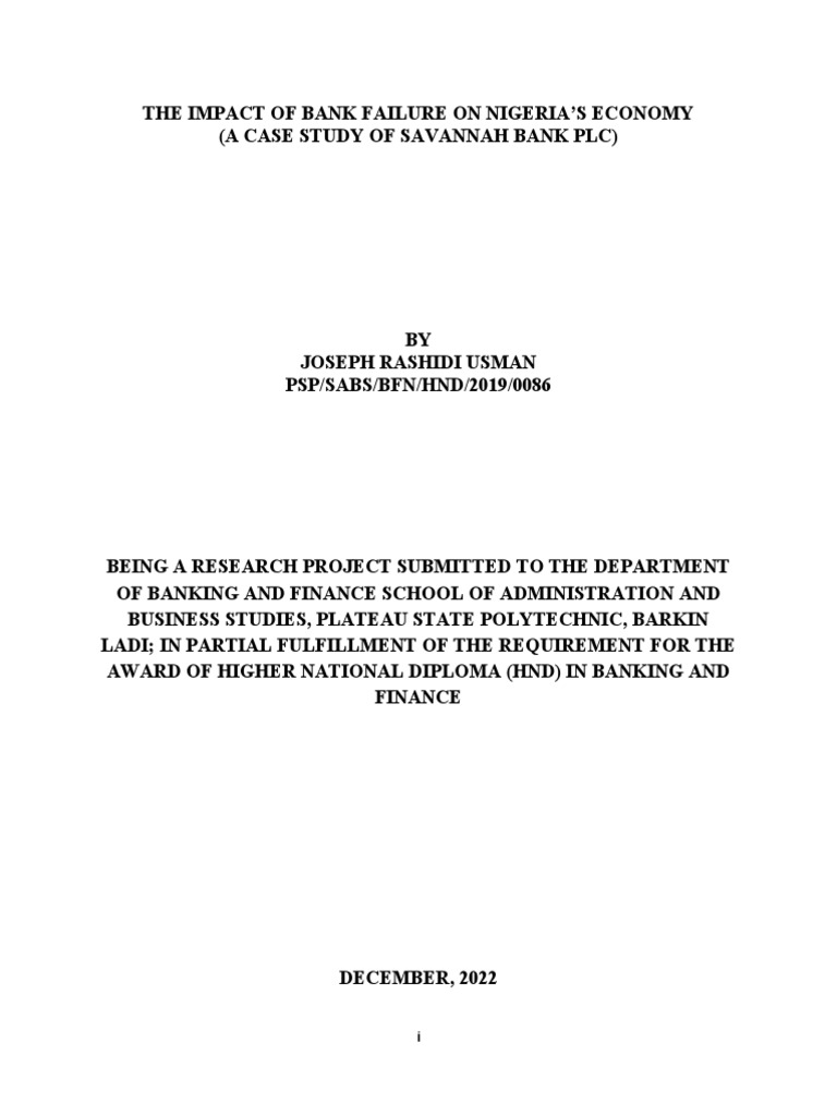 Impact of Bank Failure On The Economy of Nigeria. A Case Study of ...