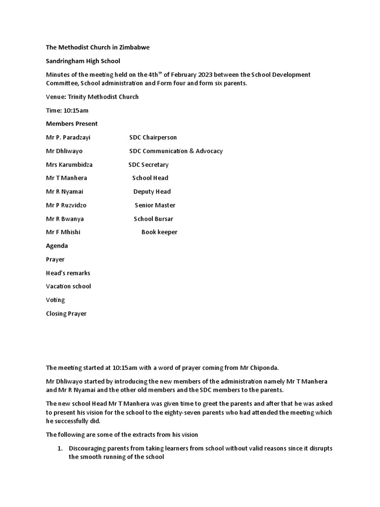 The Methodist Church in Zimbabwe Sandringham High School | PDF