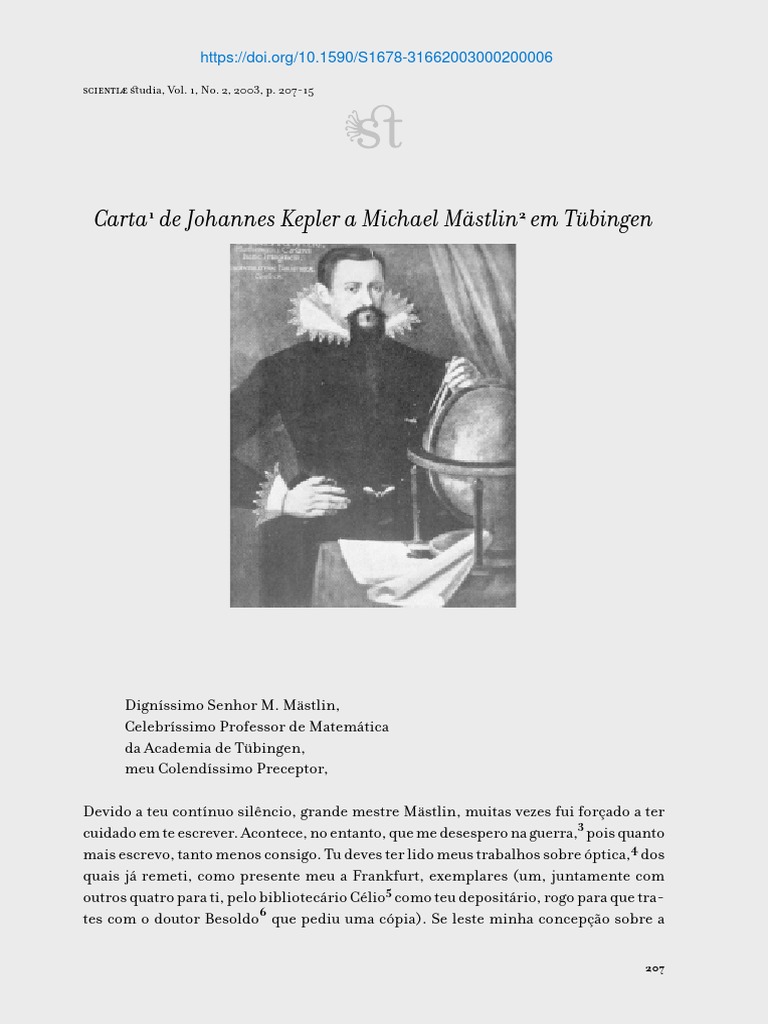 Carta de Johannes Kepler a Michael Mästlin discutindo suas teorias ...