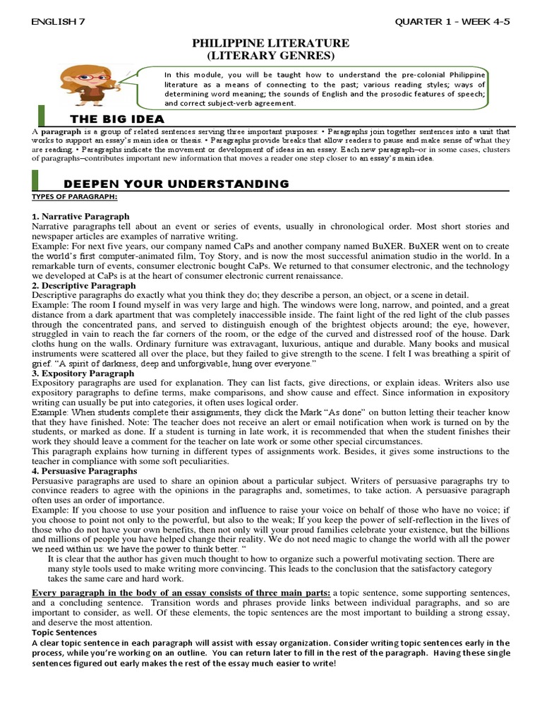 Philippine Literature (Literary Genres) : Types of Paragraph | PDF | Essays