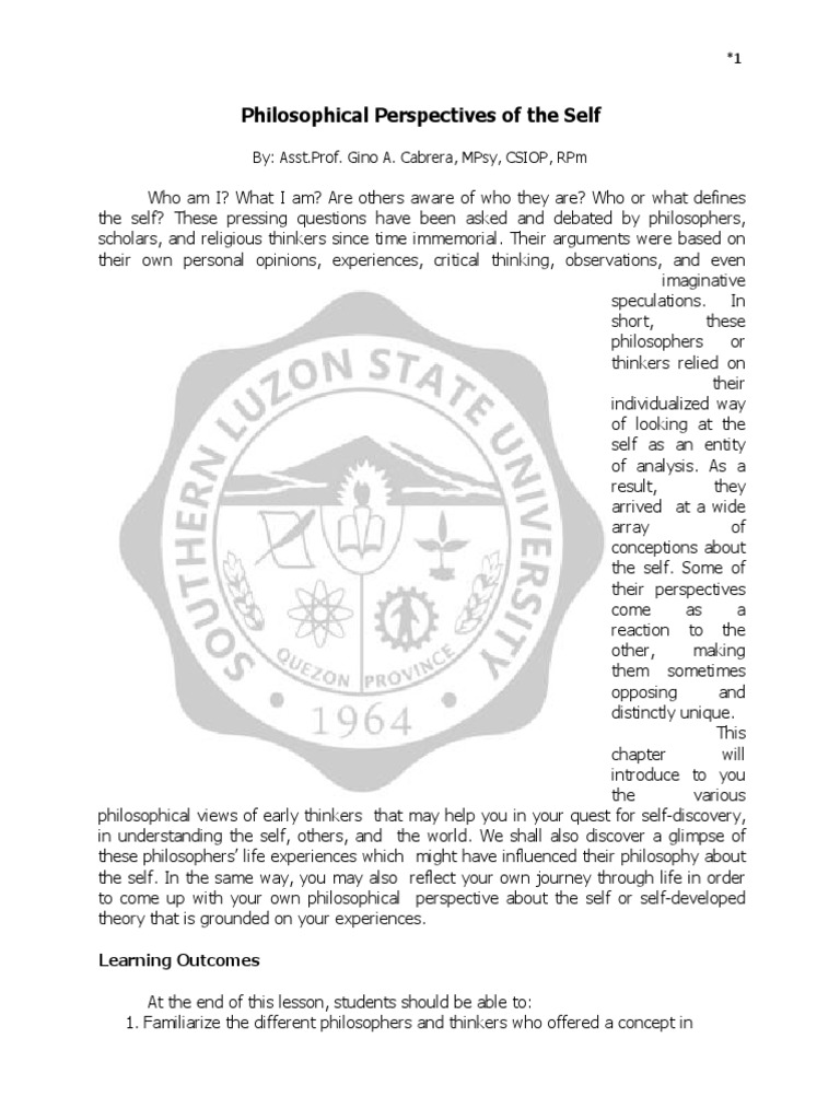 Philosophical Perspectives of The Self: Learning Outcomes | Download Free PDF | Idea ...