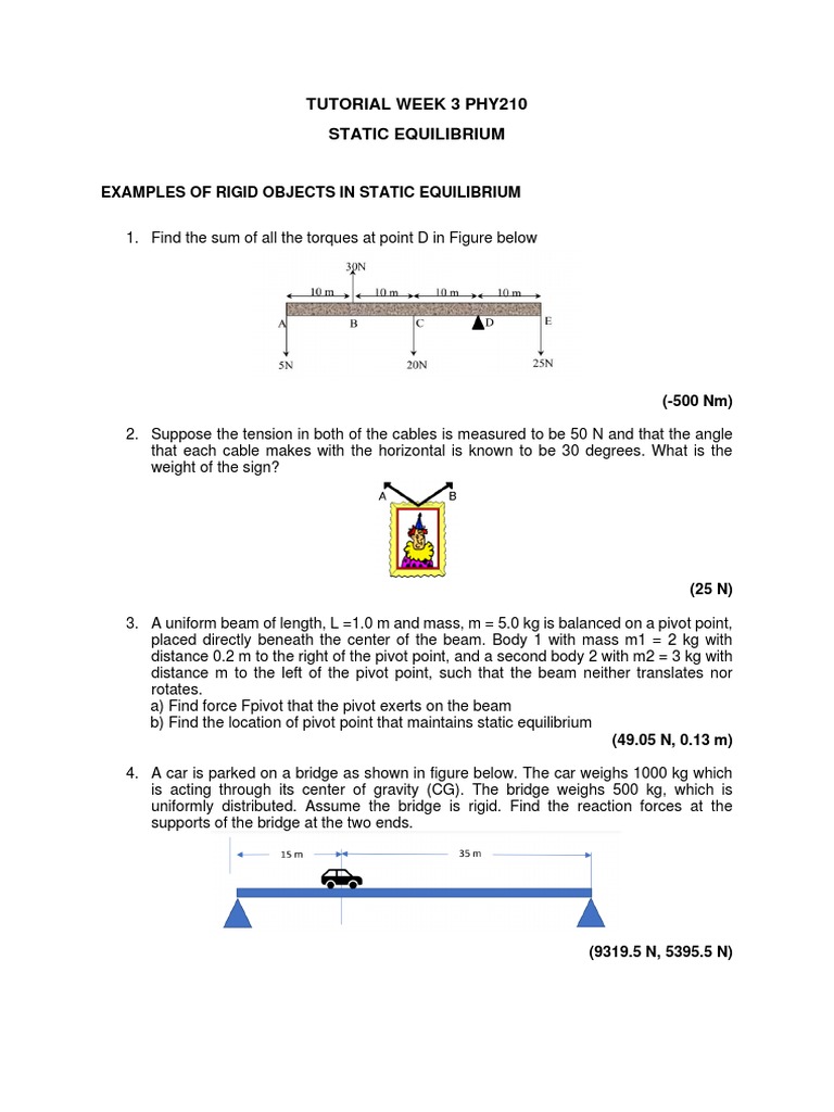 Tutorial Week 3 Phy210 Static Equilibrium | PDF | Lever | Center Of Mass