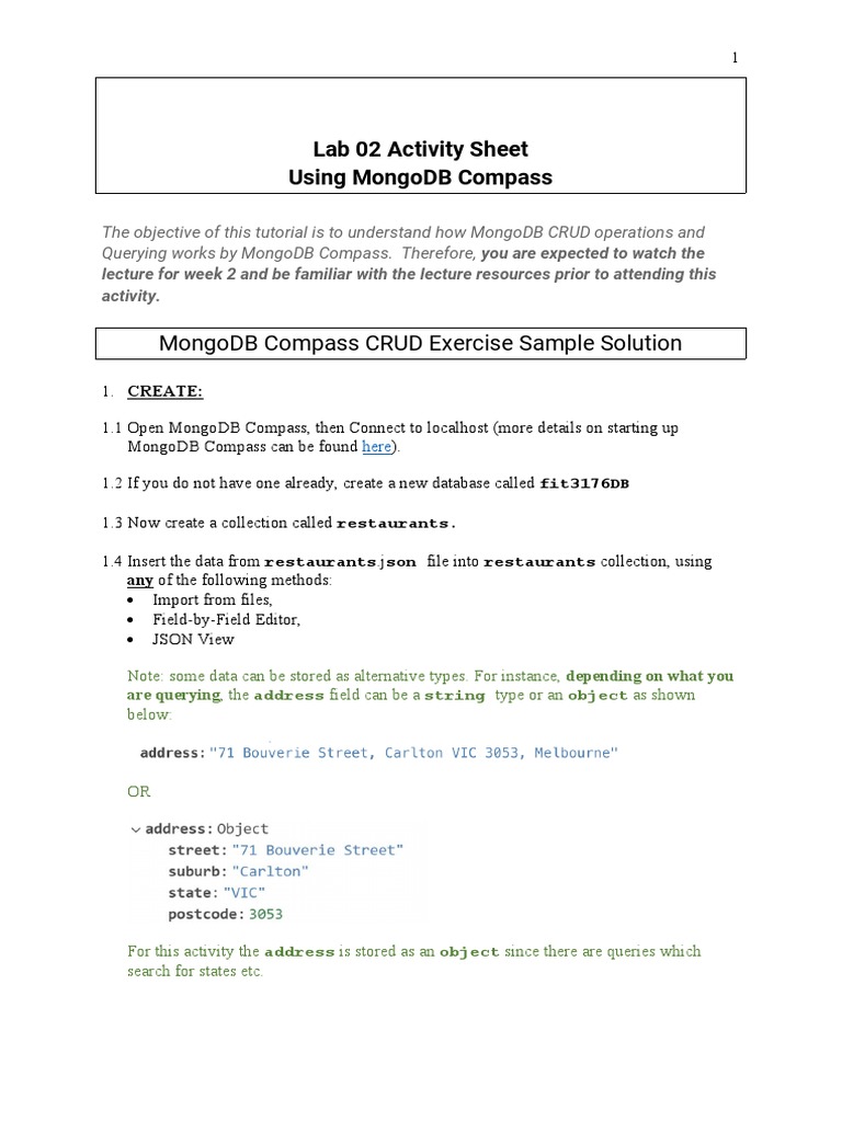 FIT3176 Week 03 Lab 02 Activity Sheet | PDF | Mongo Db | Computing