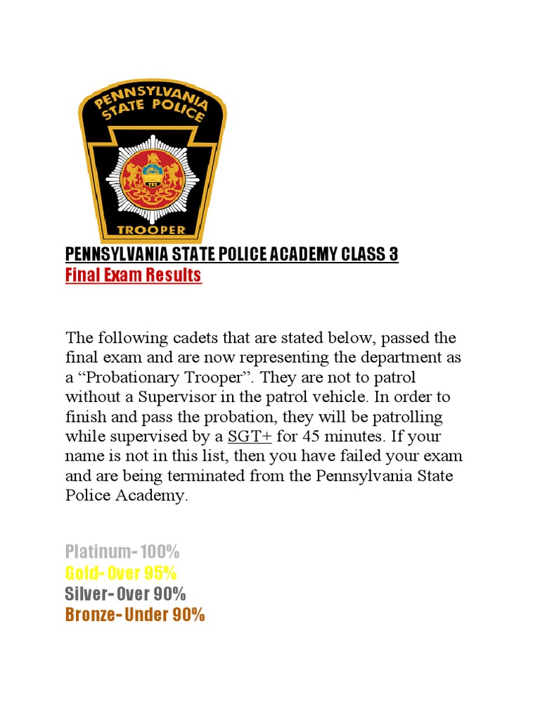 Pennsylvania State Police Academy Class 3 Final Exam Results | PDF