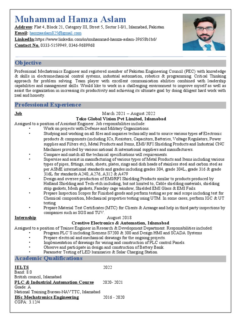 Mechatronics Engineer Resume | PDF | Electromagnetic Interference ...