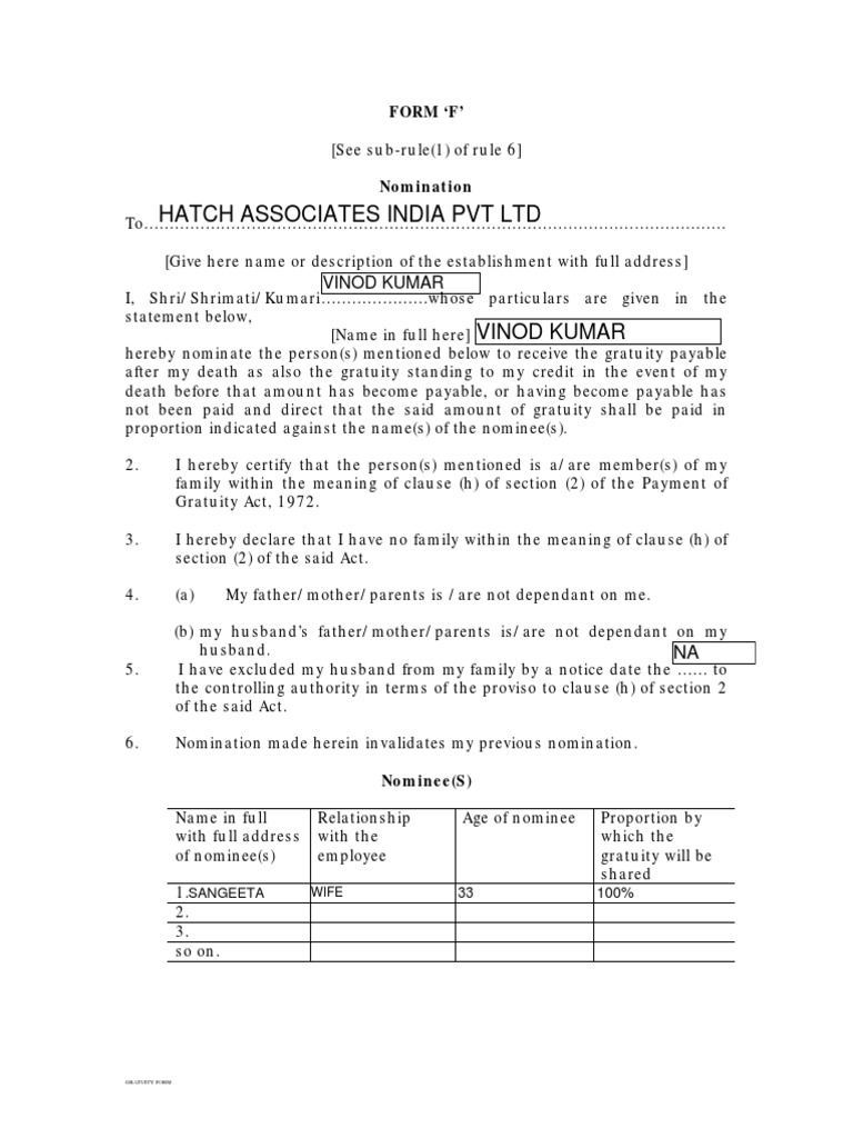 India - Gratuity Form | PDF
