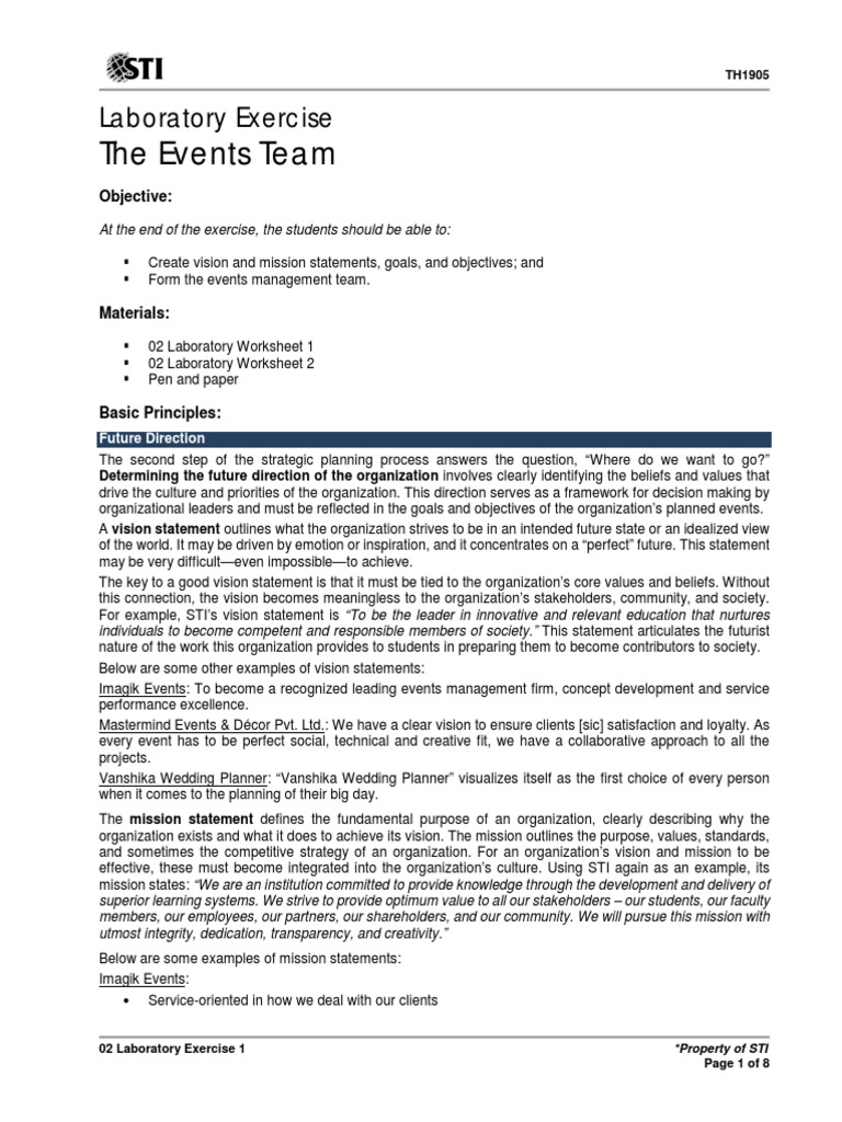 The Events Team: Laboratory Exercise | PDF | Goal | Business