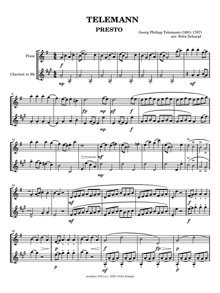 Telemann Georg Philipp - Presto For Flute and Clarinet TWV 33-7-Partitura e Parti | PDF