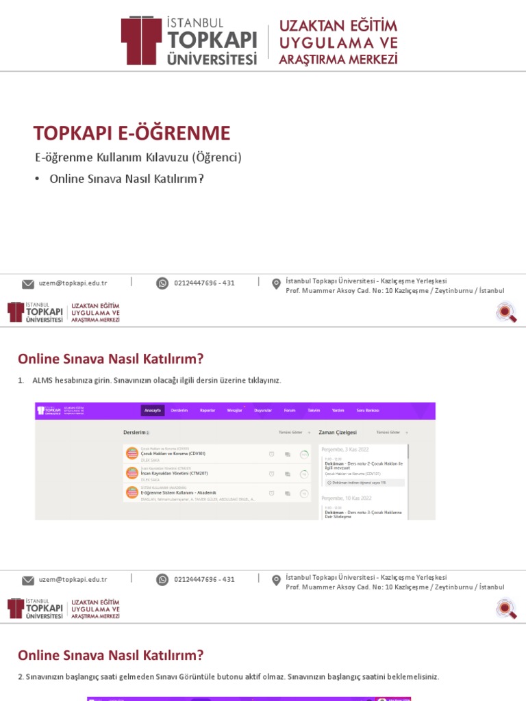 Topkapi E-Öğrenme: E-Öğrenme Kullanım Kılavuzu (Öğrenci) - Online Sınava Nasıl Katılırım? | PDF