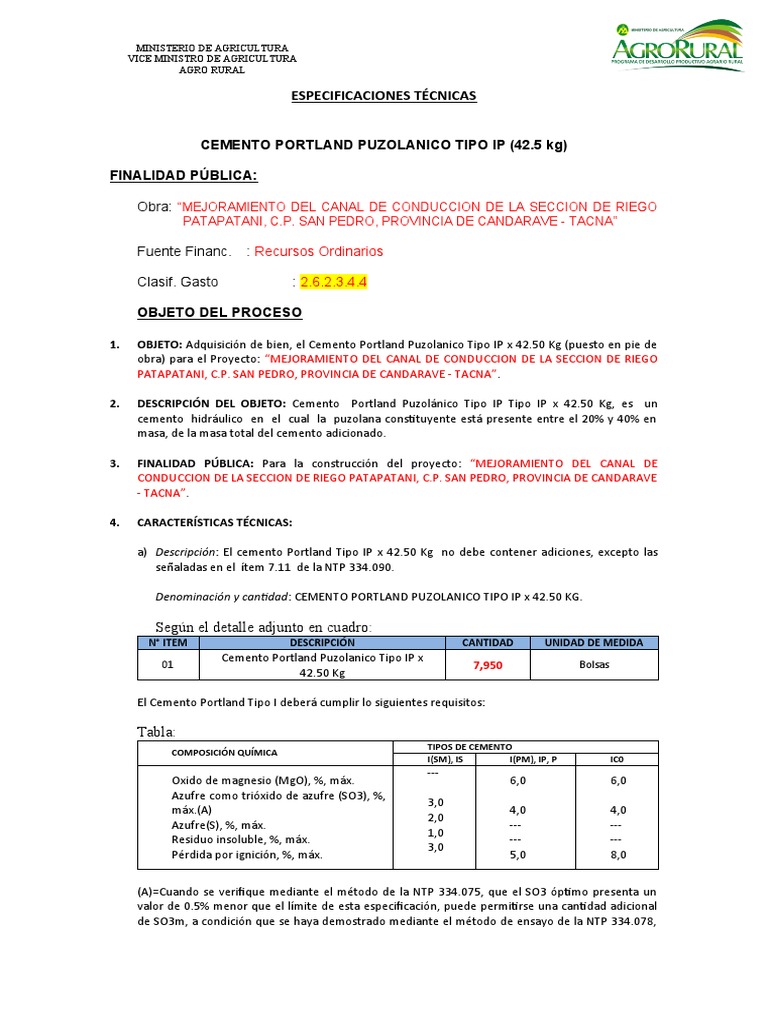 Especificaciones Técnicas: Cemento Portland Puzolanico Tipo Ip (42.5 KG ...