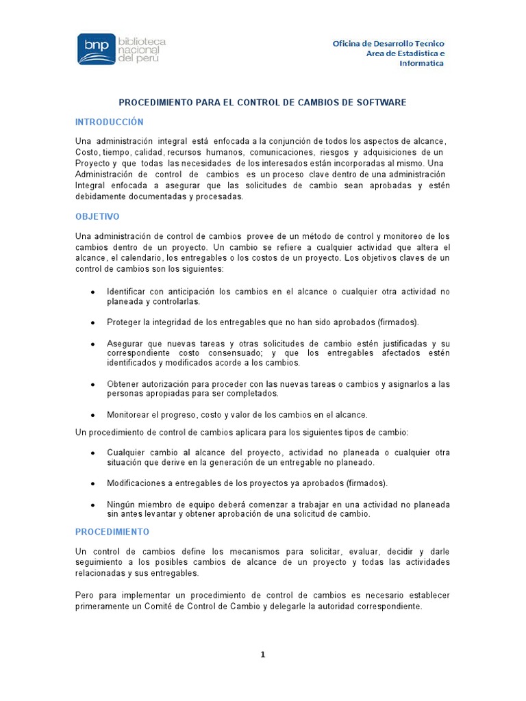Procedimiento de Control de Cambios | PDF